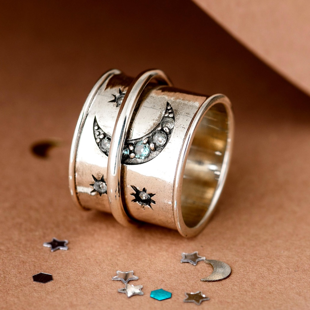Aquamarine Stars and Moon Fidget Ring | Sterling Silver Celestial ...