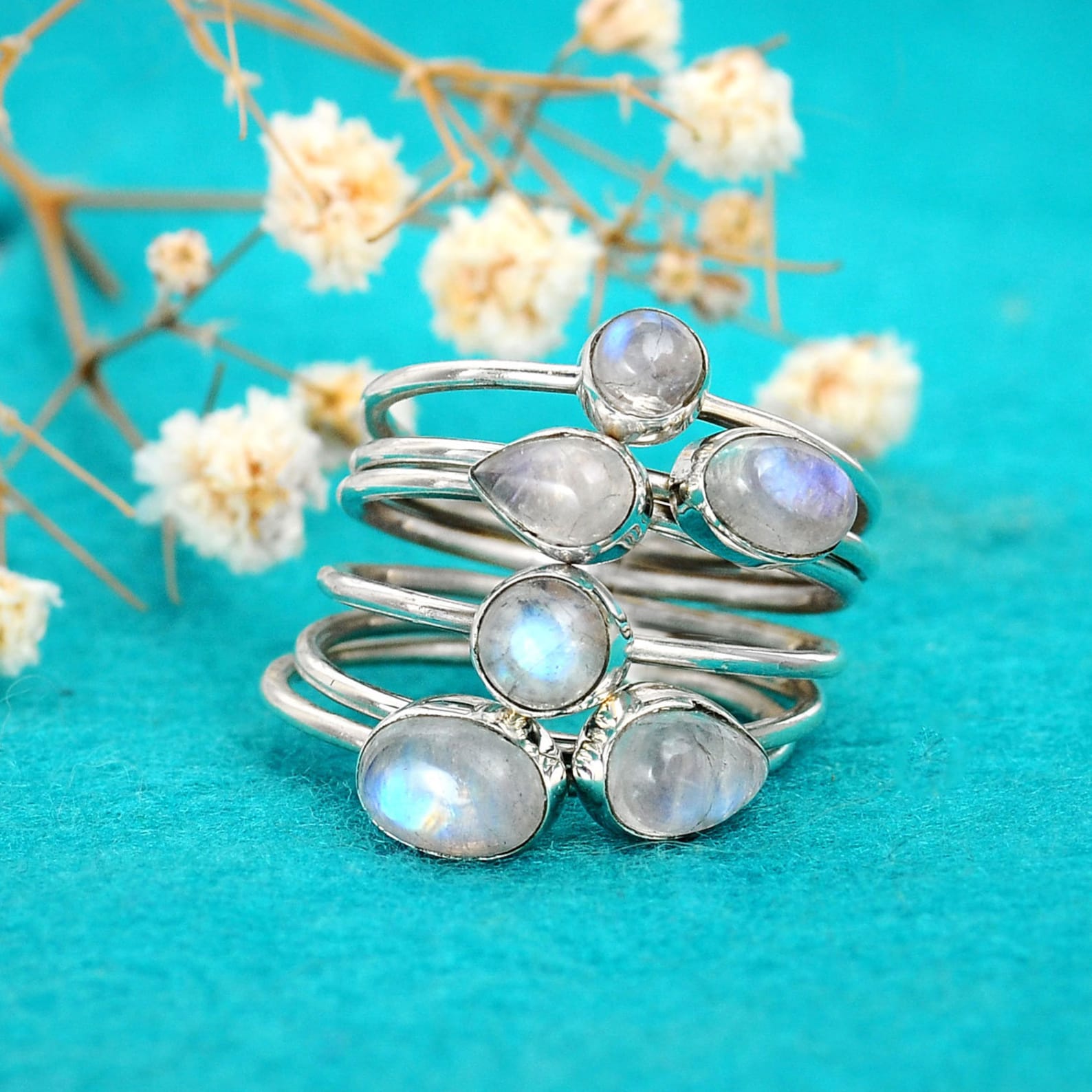 6 Moonstone Rings Stacked, Stacking Ring, Sterling Silver Ring for ...