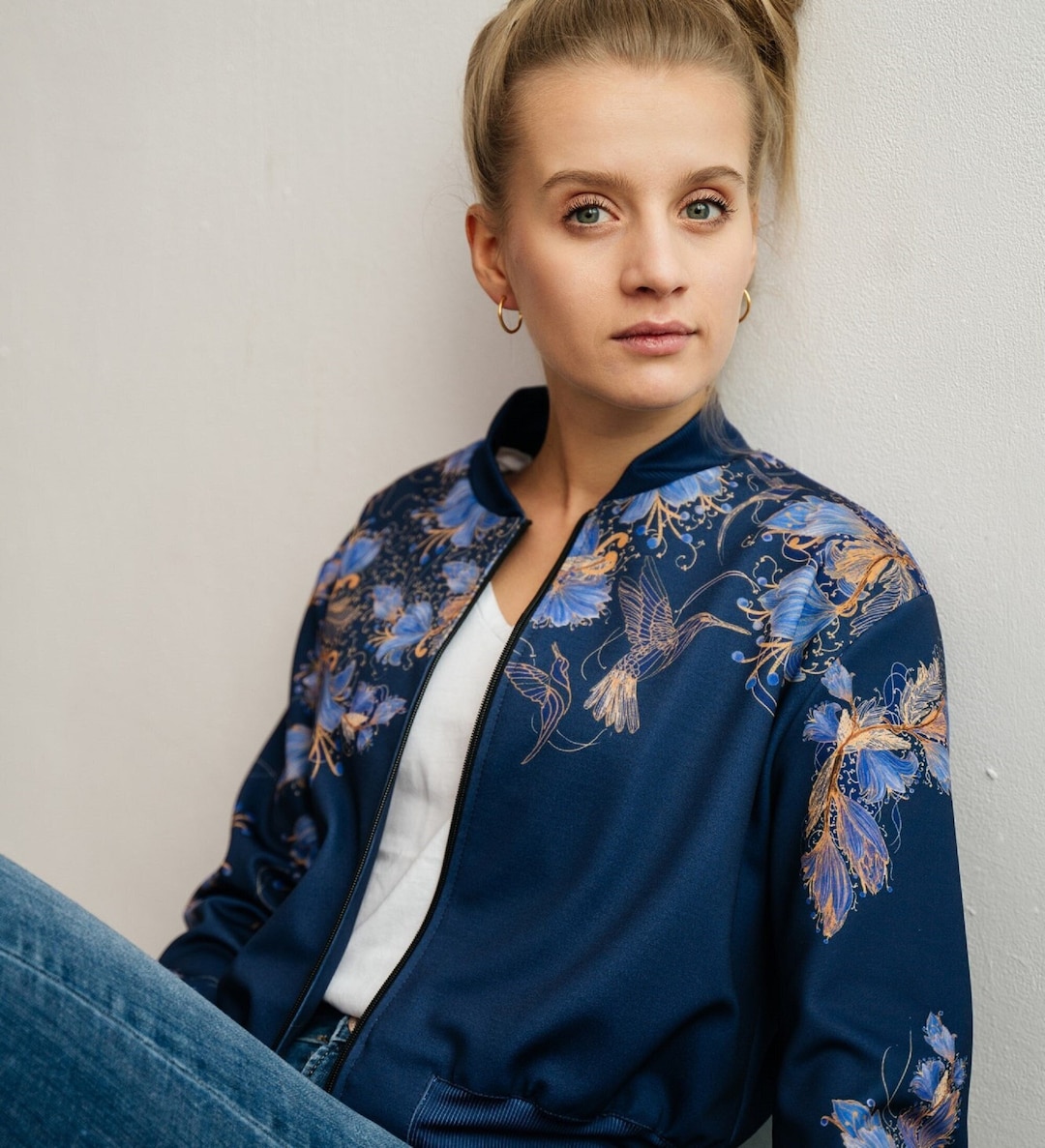 Luxury Floral and Hummingbird Bomber Jacket - Elegant Navy Blue With ...