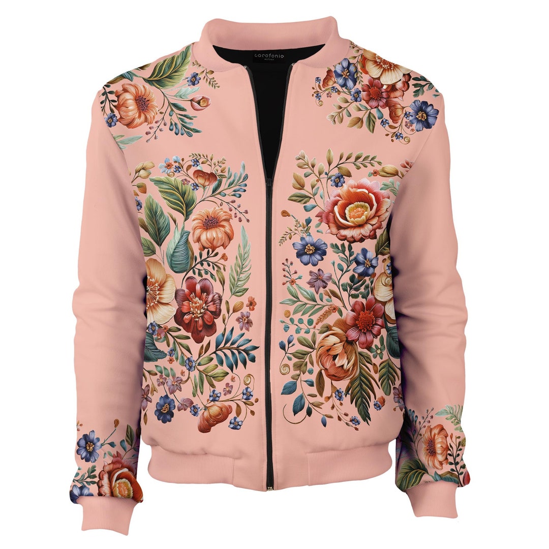 Floral Embroidery-inspired Chic Bomber Jacket - Peach Tone, Colorful ...