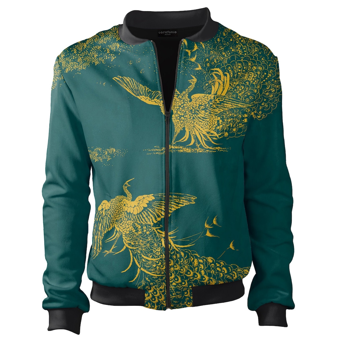 Creative Bomber Jacket Women Men Vintage Clothing Green Peacocks Art ...
