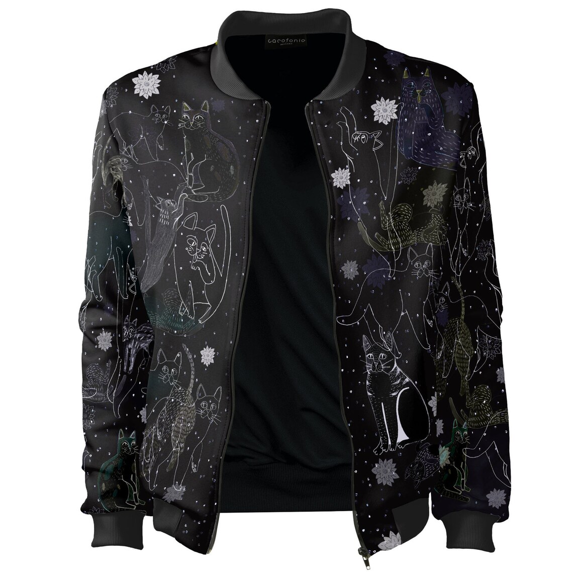 Cosmic Cat Bomber Jacket: Unisex Black Streetwear With Starry Design - Etsy