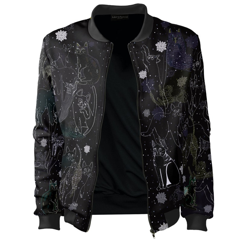 Cosmic Cat Bomber Jacket: Unisex Black Streetwear With Starry Design - Etsy