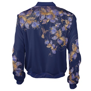 Luxury Floral and Hummingbird Bomber Jacket - Elegant Navy Blue With ...