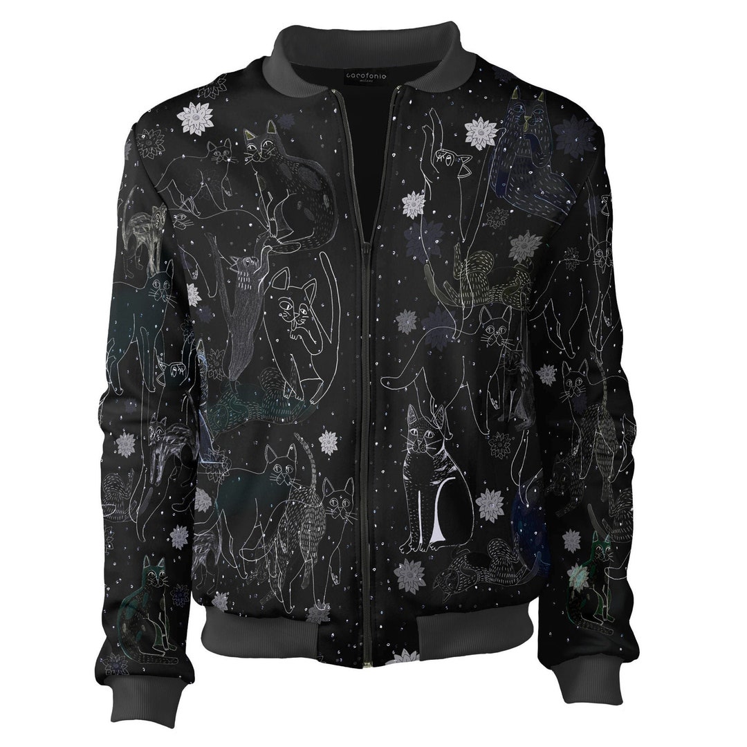 Cosmic Cat Bomber Jacket: Unisex Black Streetwear With Starry Design - Etsy