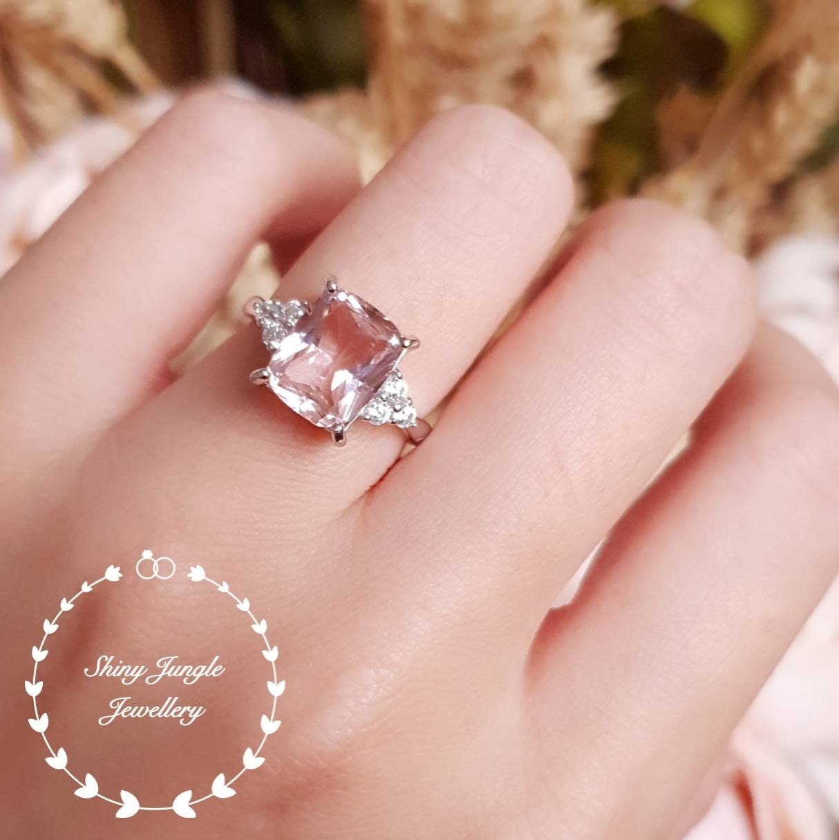 Cushion Cut Morganite Ring Morganite Engagement Ring Three Stone