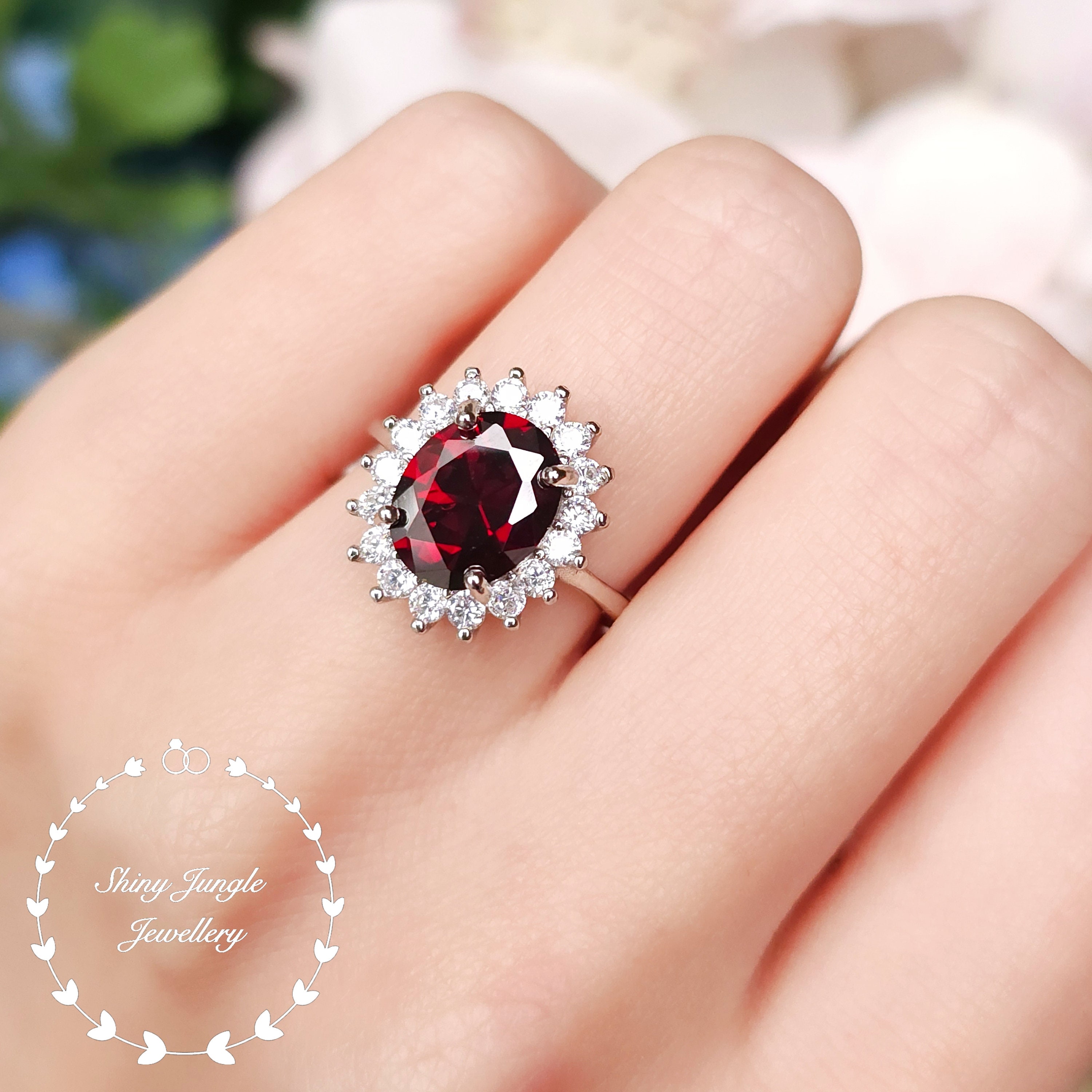 3 Carats Diana Halo Garnet Engagement Ring 8 10 mm Oval Cut Deep Red Lab Garnet Halo Ring January Birthstone Promise Ring