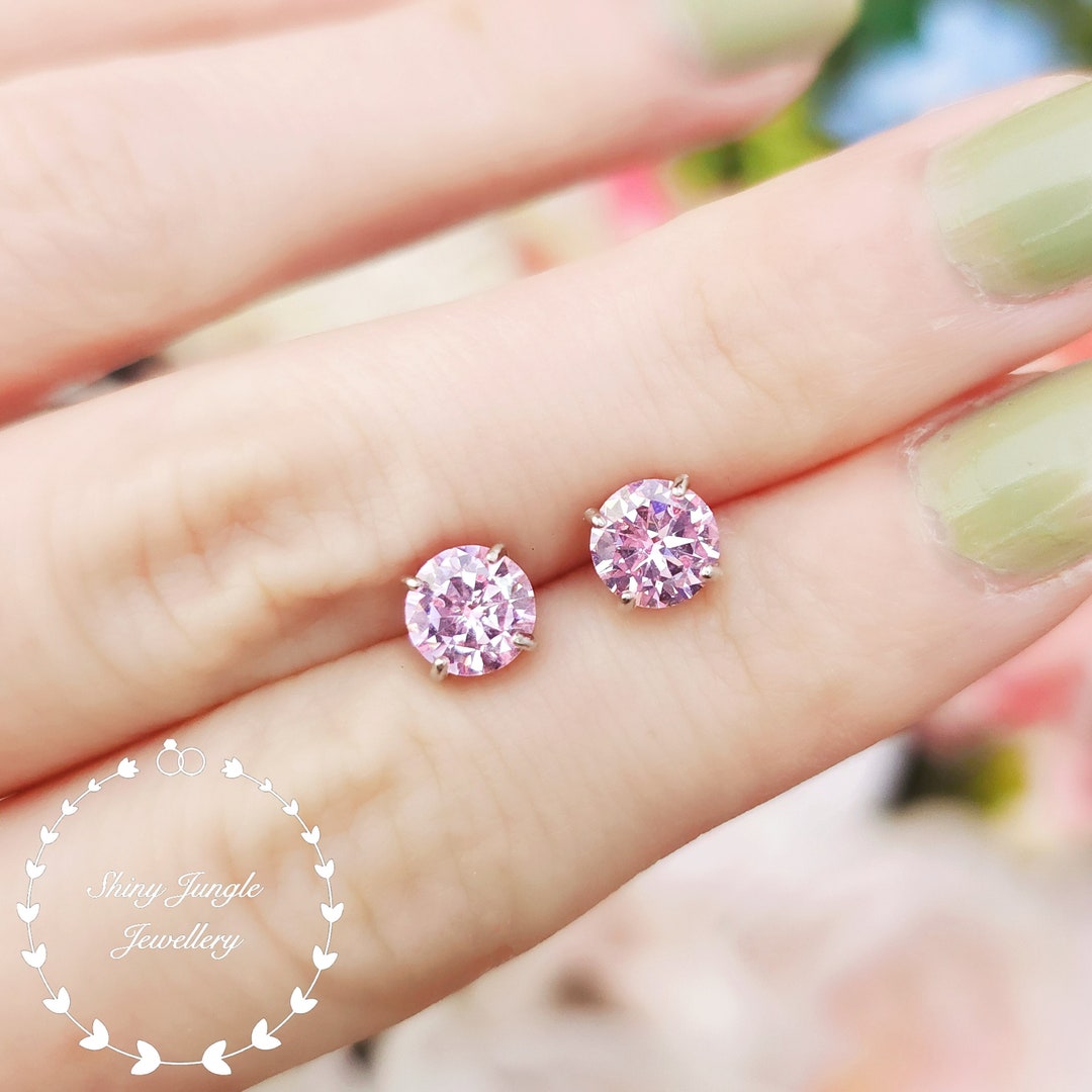 Pink Diamond Stud Earrings, Classic 4-prong Set Pink Diamond Simulant ...
