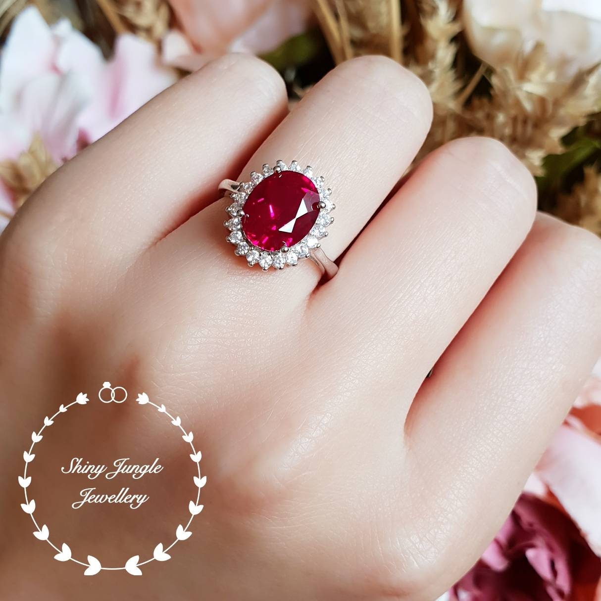 Halo ruby ring, 3 ct lab ruby, pigeon's blood, engagement ring, white ...