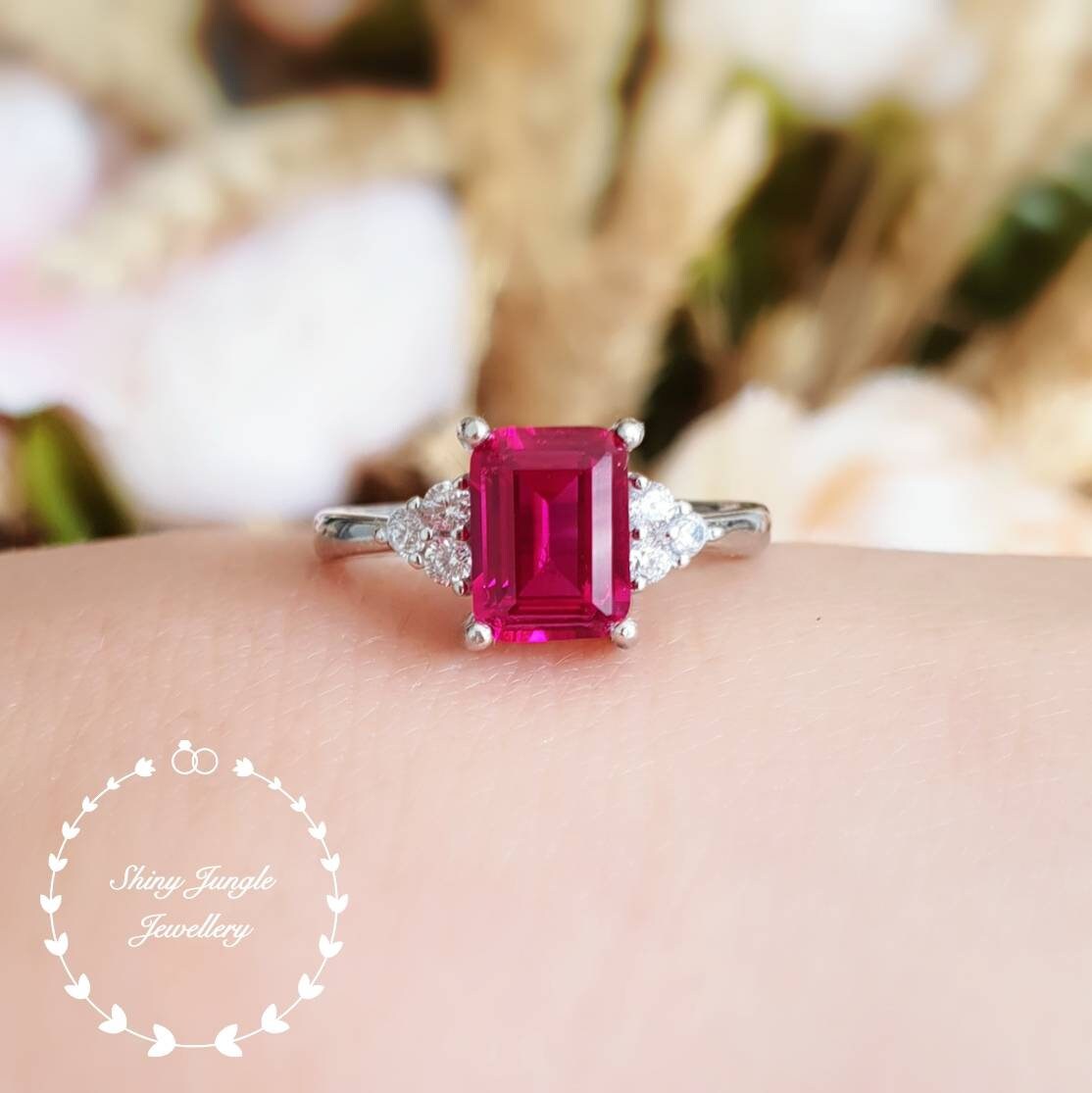 Three stone style emerald cut genuine lab grown ruby engagement ring ...