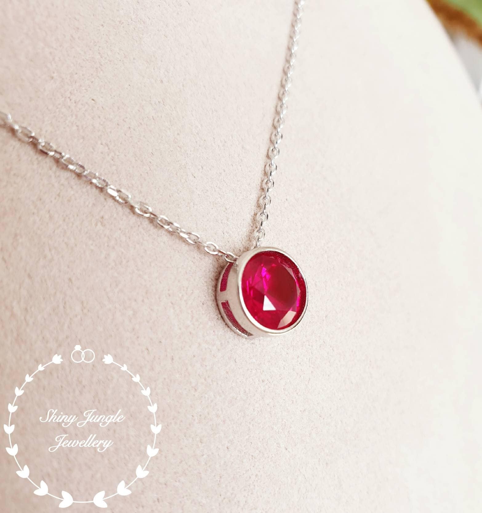 Round ruby necklace, 2 carats lab ruby pendant with chain, bezel set ...