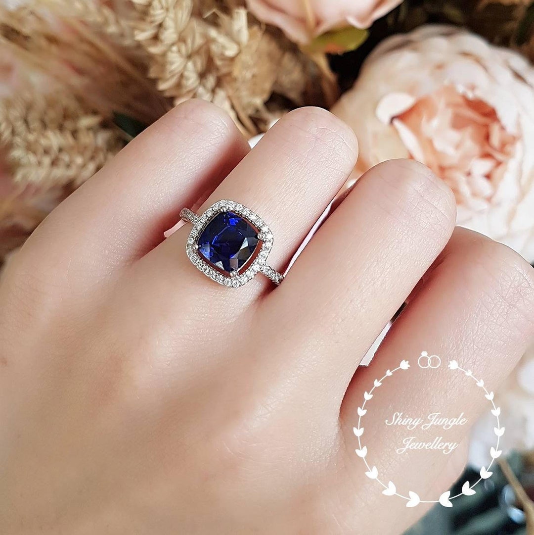 Cushion Cut Genuine Lab Grown Sapphire Halo Engagement Ring 2 Carats 88 Square Cushion Cut Royal Blue Sapphire September Birthstone Gift Etsy