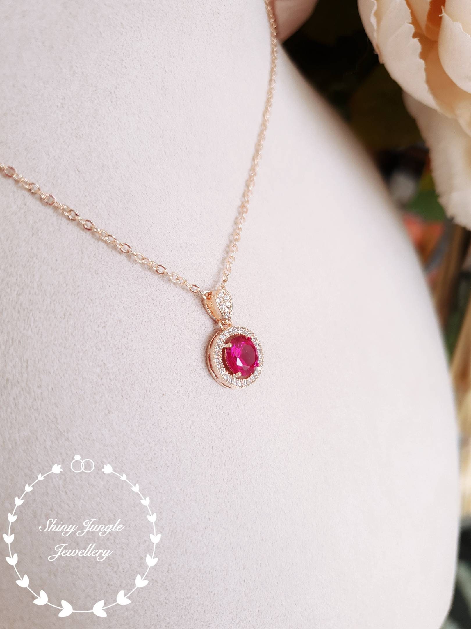 Round ruby pendant, Halo ruby necklace, Halo round simulated ruby ...