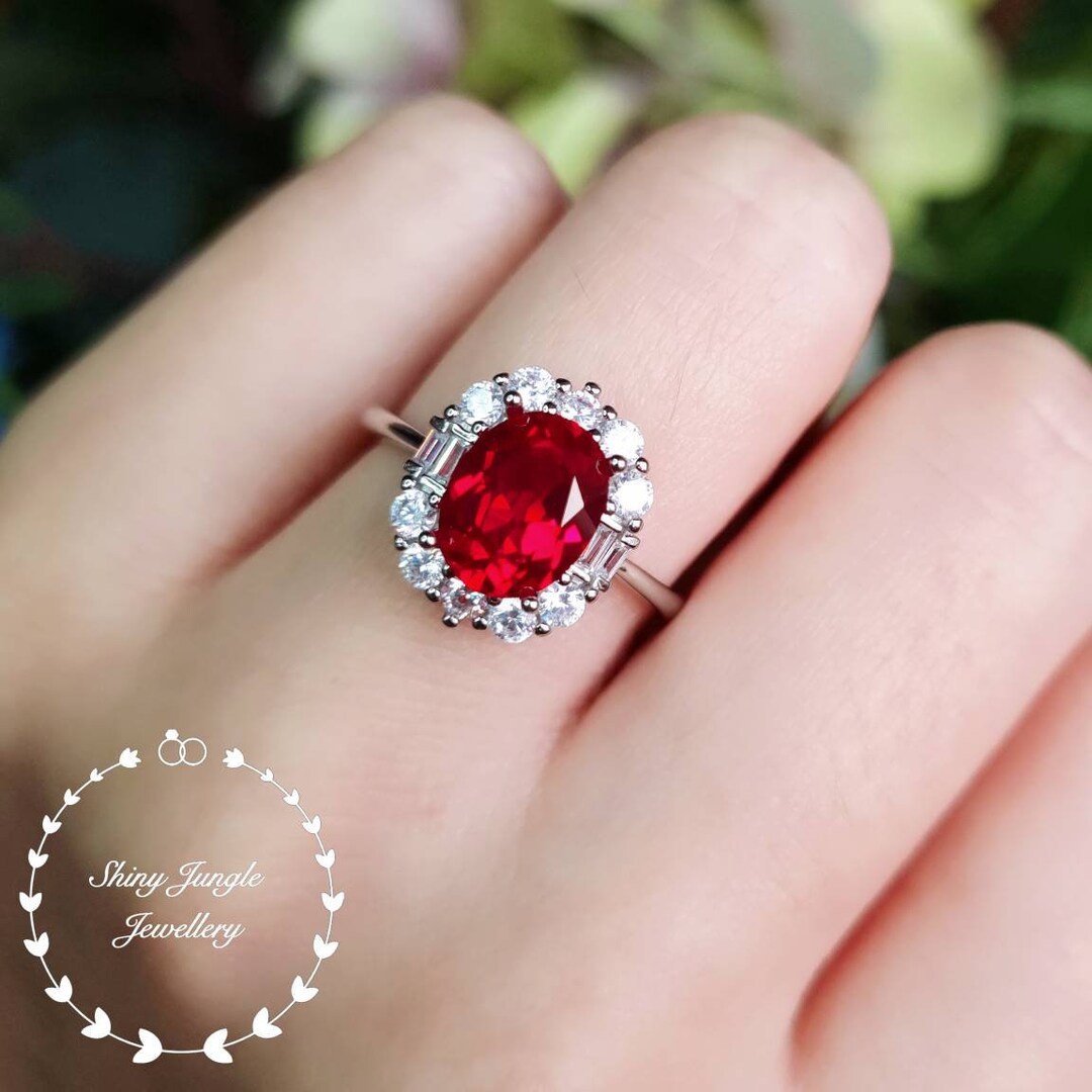Art Deco Halo Oval Ruby Ring, Genuine Lab Grown Ruby Engagement Ring ...