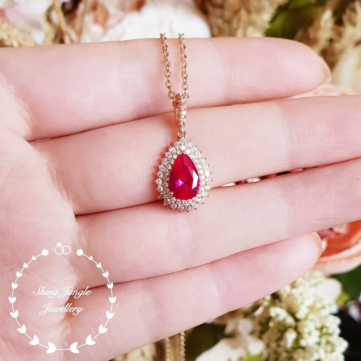 Pear shaped ruby pendant, rose gold ruby necklace, July birthstone ...