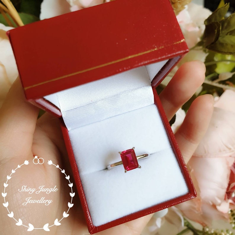 Emerald Cut Genuine Lab Grown Ruby Engagement Ring | Etsy UK