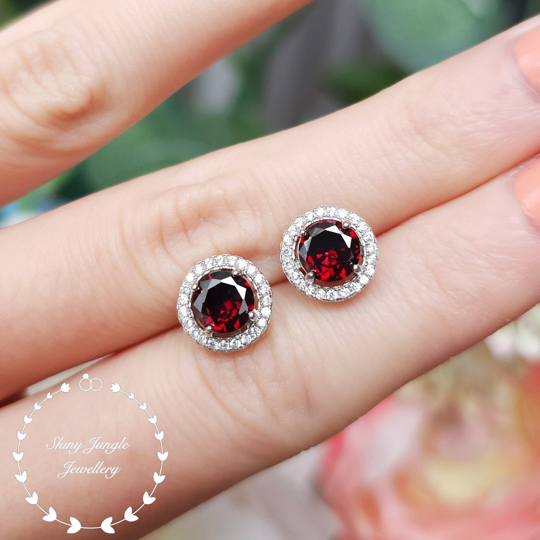 Halo Garnet Studs, Modern Halo Garnet Earrings, 1 Carat 6 Mm Round Cut ...