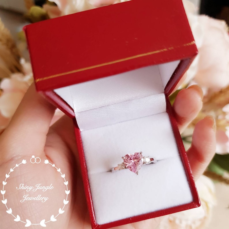 Heart Shaped Pink Diamond Ring, Three Stone Vivid Pink Diamond Simulant ...