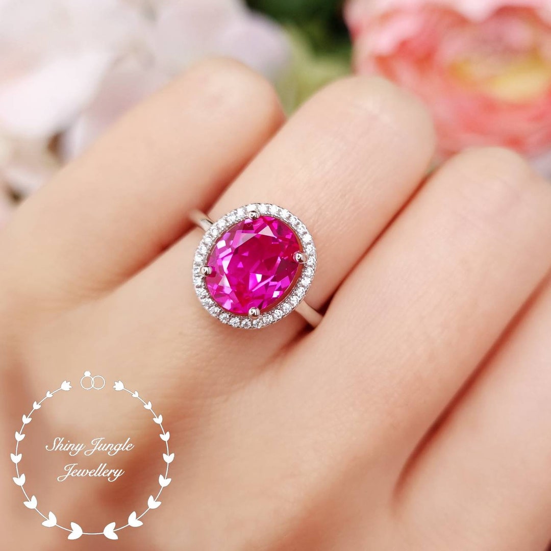 Modern Halo Genuine Lab Grown Pink Sapphire Ring, 3 Carats 8*10 Mm Hot ...