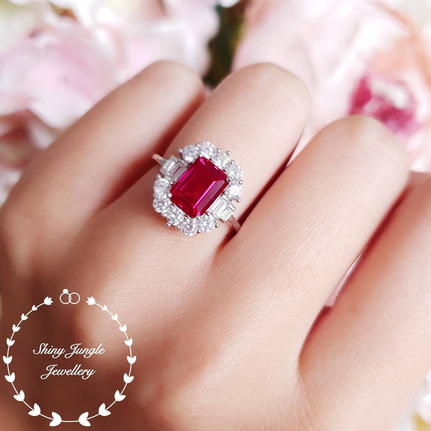 Art deco Halo Genuine Lab Grown Ruby Engagement Ring July | Etsy