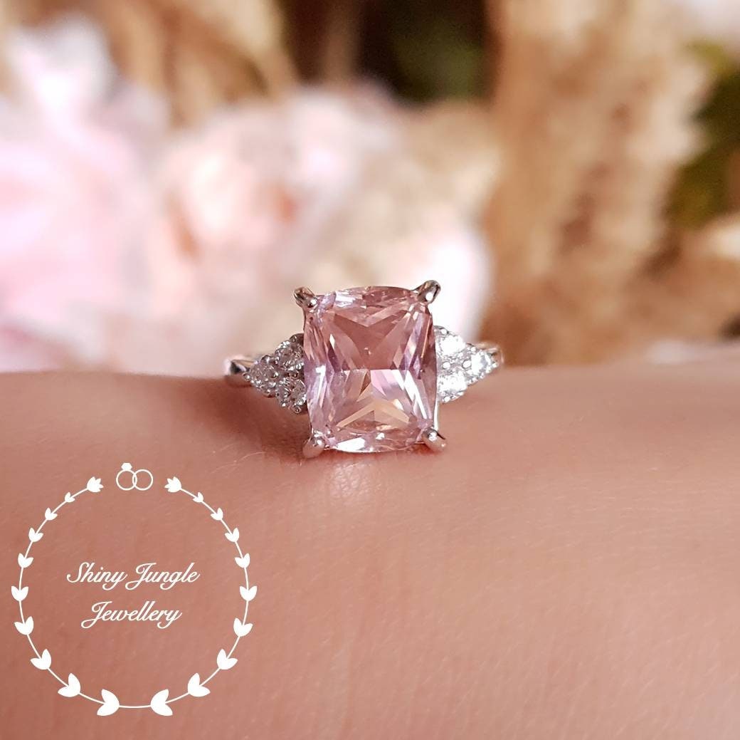 Cushion cut Morganite ring, Morganite engagement ring, three stone ...