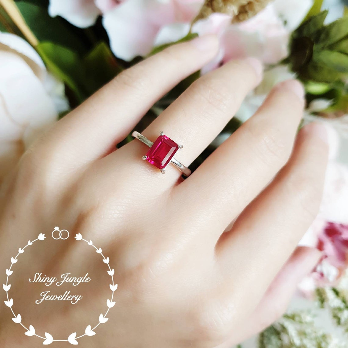 Emerald Cut Genuine Lab Grown Ruby Engagement Ring | Etsy UK