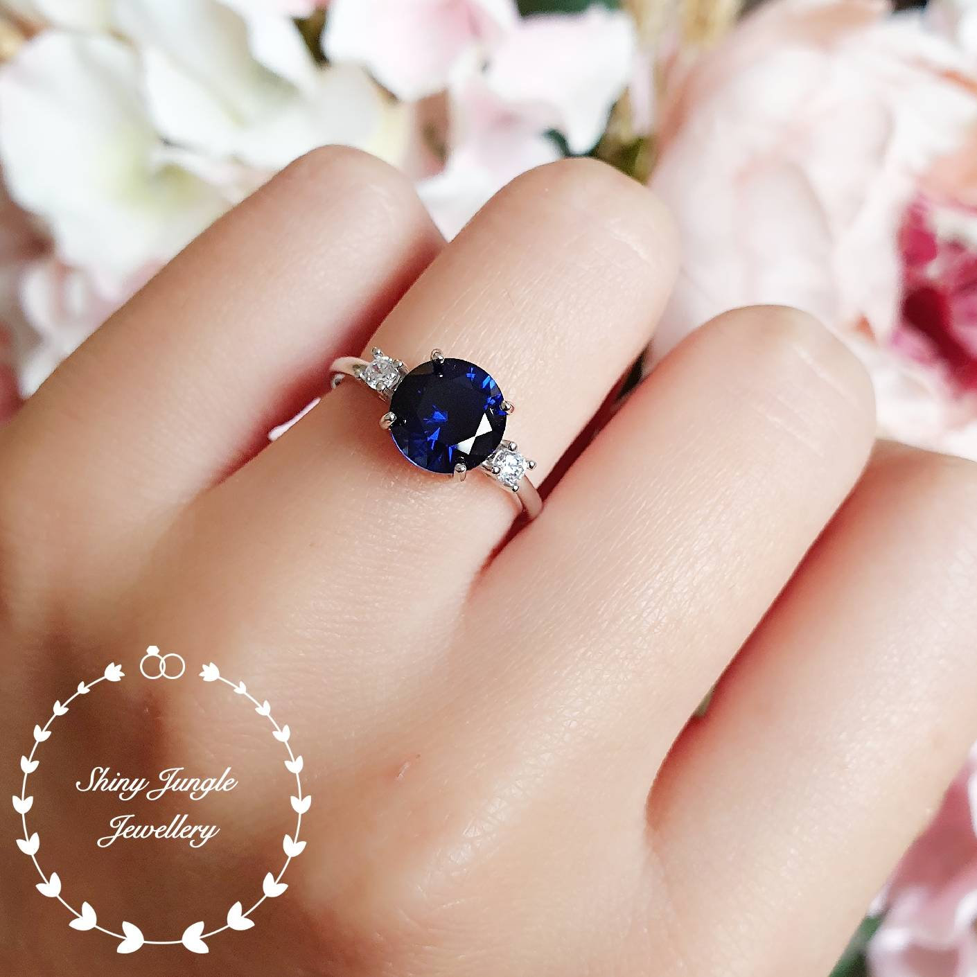 Round Genuine Lab Grown Sapphire Trilogy Engagement Ring 2 Carats Royal Blue Sapphire Three Stone Ring September Birthstone Promise Ring