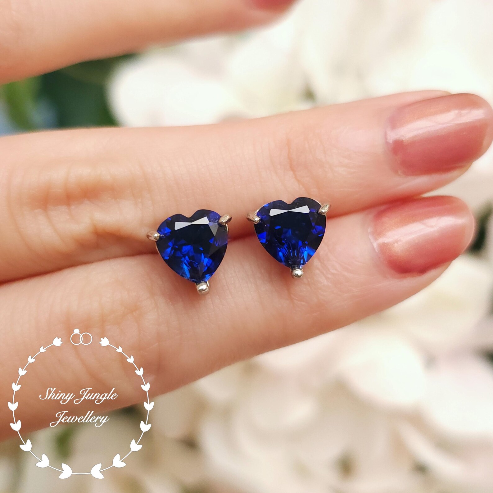 Royal Blue Heart Shaped Genuine Lab Grown Sapphire Stud Earrings, 2 ...