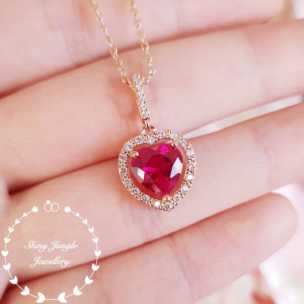 Halo Heart Shaped Ruby necklace, rose gold plated heart cut ruby ...