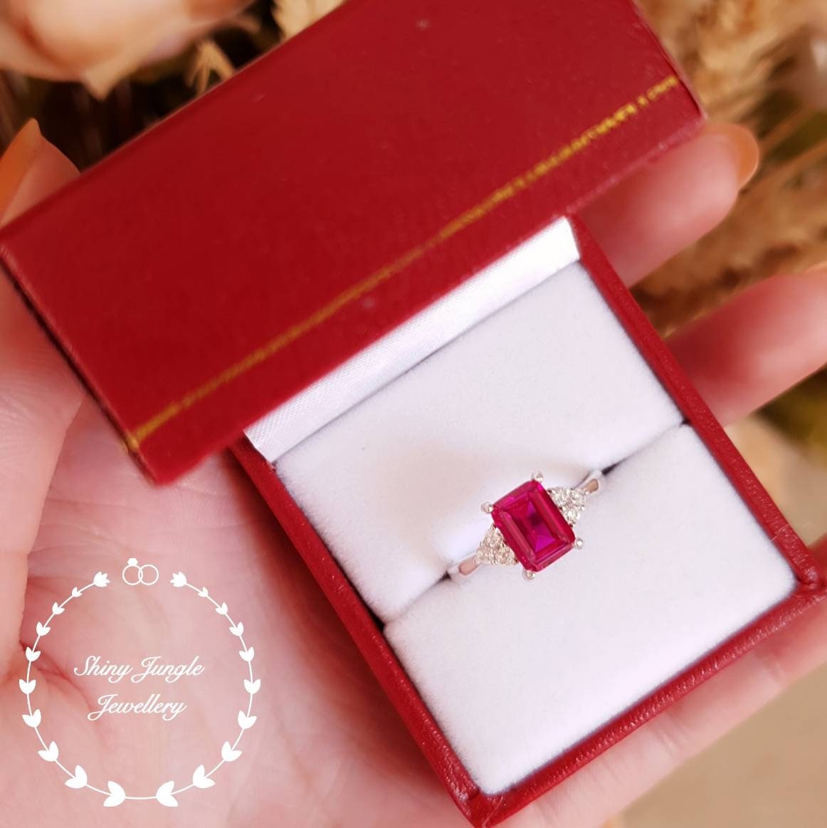 Three stone style emerald cut genuine lab grown ruby engagement ring, July birthstone promise ...