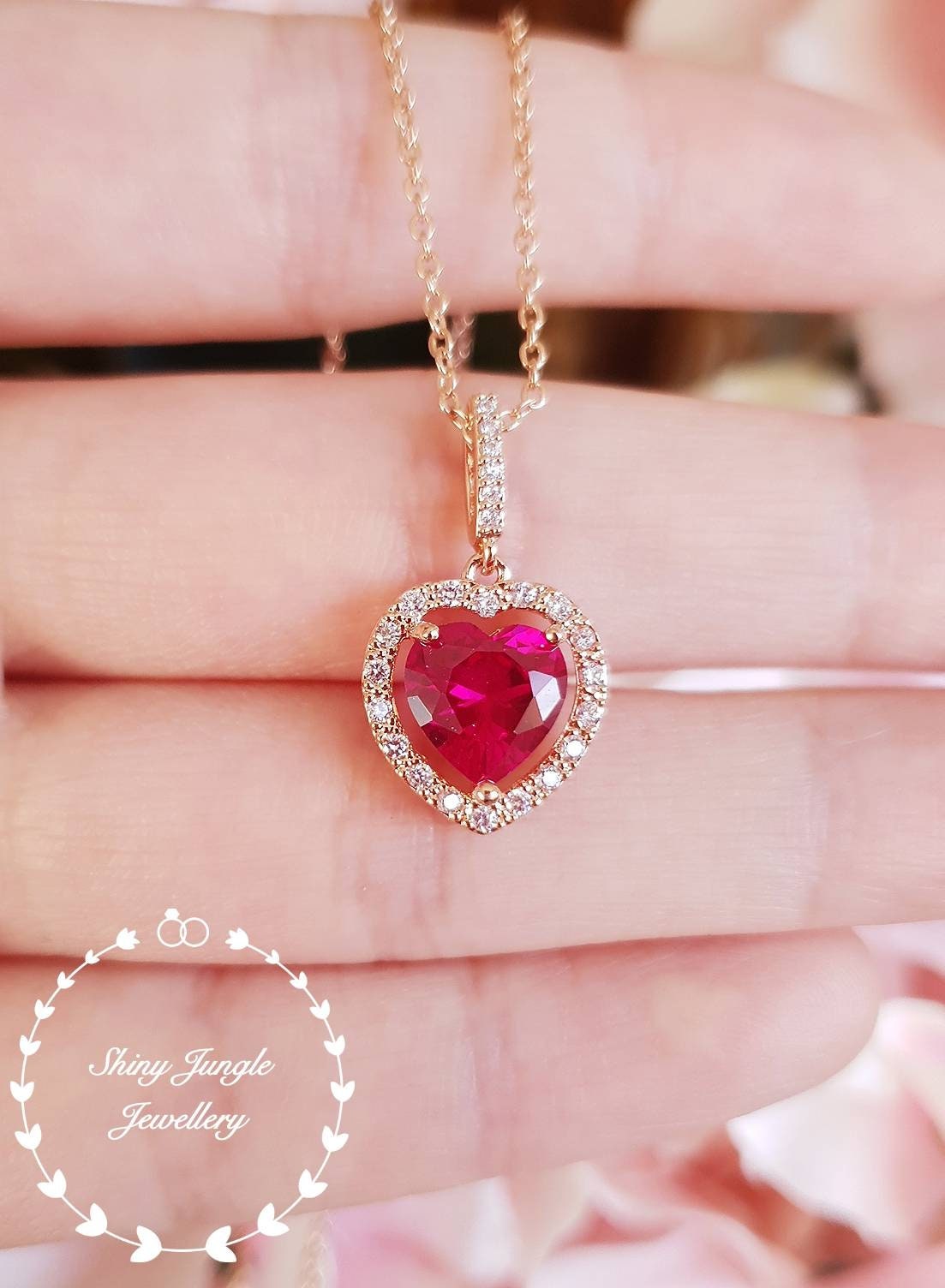Halo Heart Shaped Ruby necklace, rose gold plated heart cut ruby ...