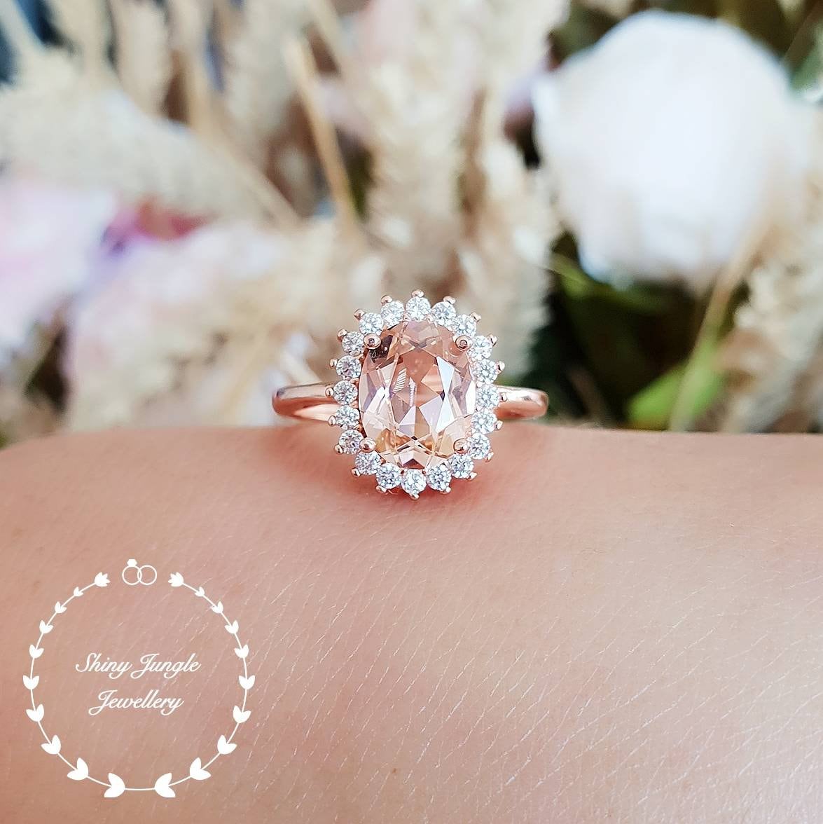 Morganite Halo engagement ring, padparadscha sapphire colour, solitaire ...