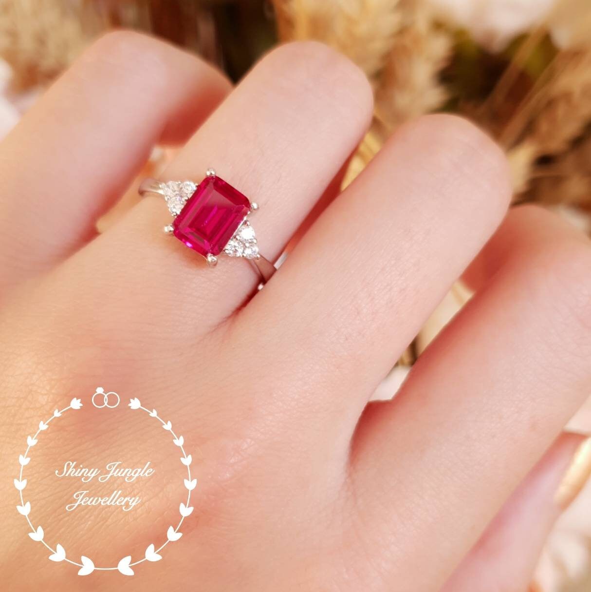Three stone style emerald cut genuine lab grown ruby engagement ring ...