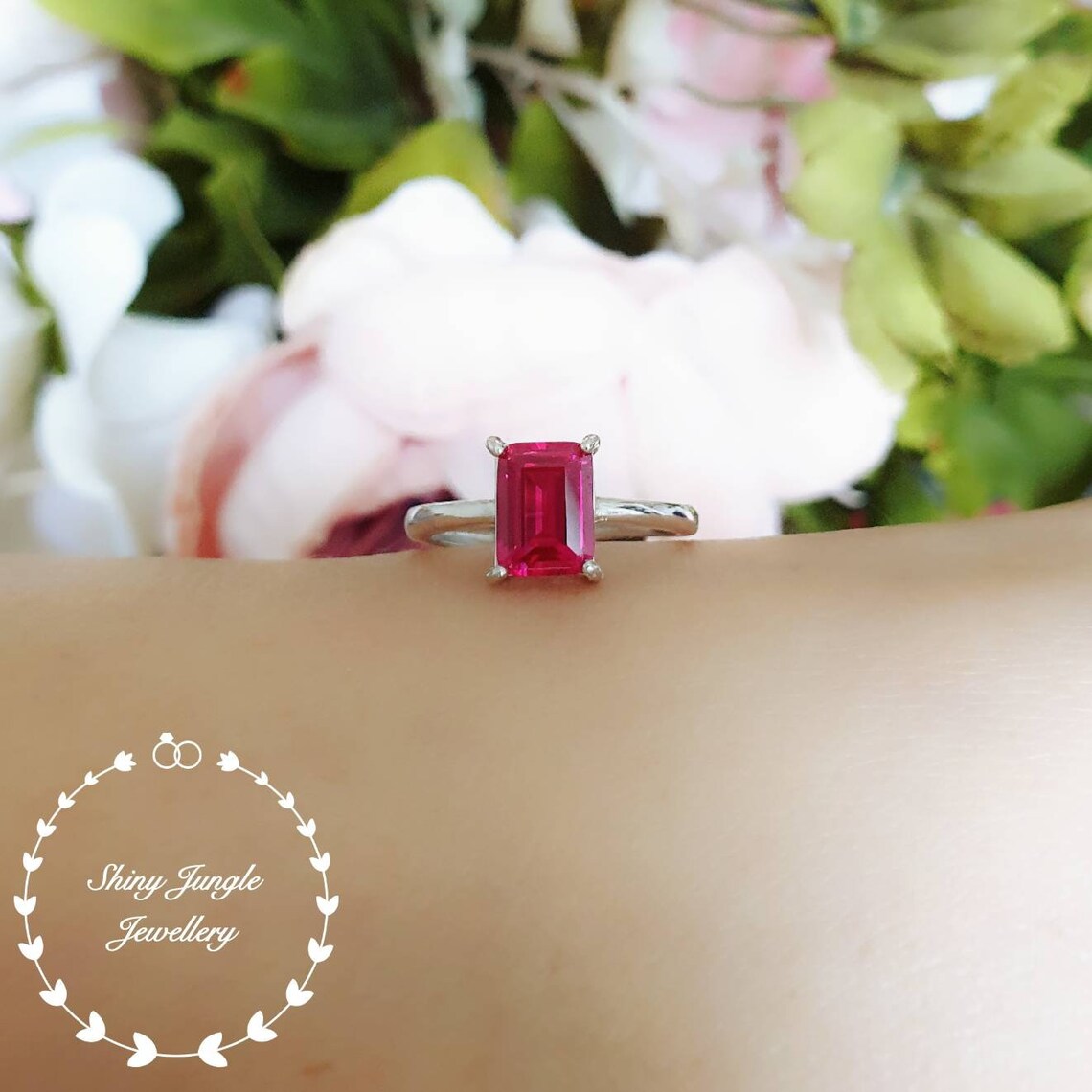 Emerald Cut Genuine Lab Grown Ruby Engagement Ring | Etsy UK