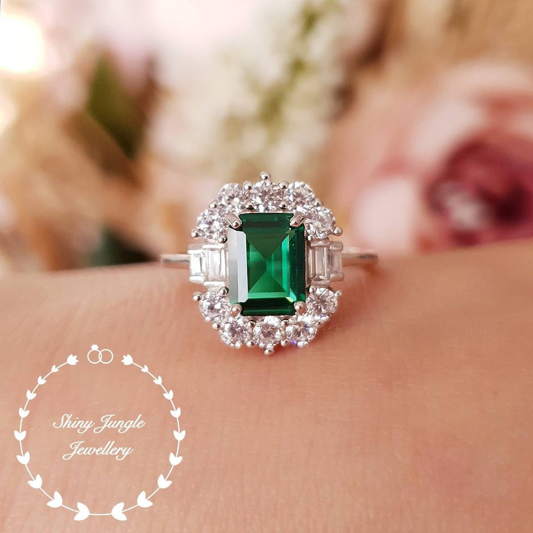 Art Deco Halo Emerald Ring Emerald Engagement Ring Emerald Cut Emerald Ring White Gold Plated Silver Vintage Emerald Ring Cluster Ring Etsy Australia