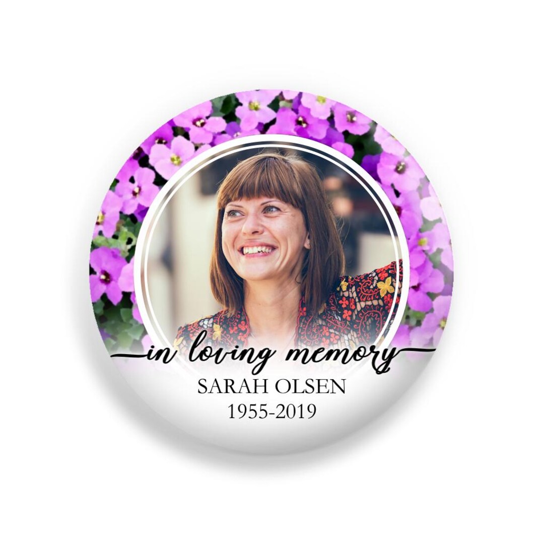 Personalized Purple Floral Funeral Pins | Custom Memorial Photo Buttons ...