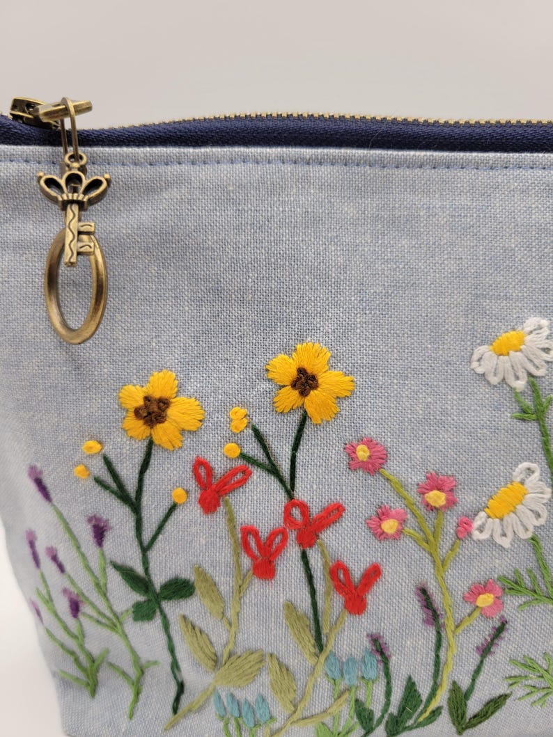 Hand Embroidered Blue Floral Cosmetic Bag, Flower Cosmetic Pouch ...