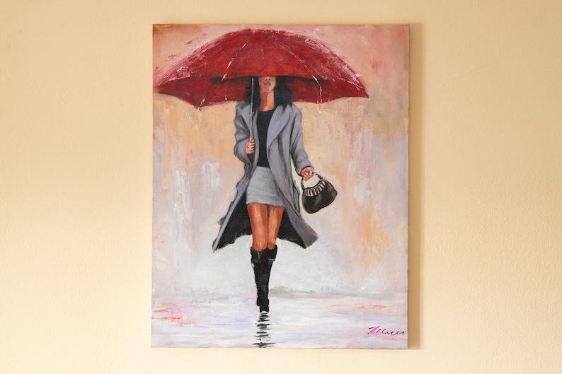 Lady With Red Umbrella Painting on Canvas, Canvas Painting, Oil ...