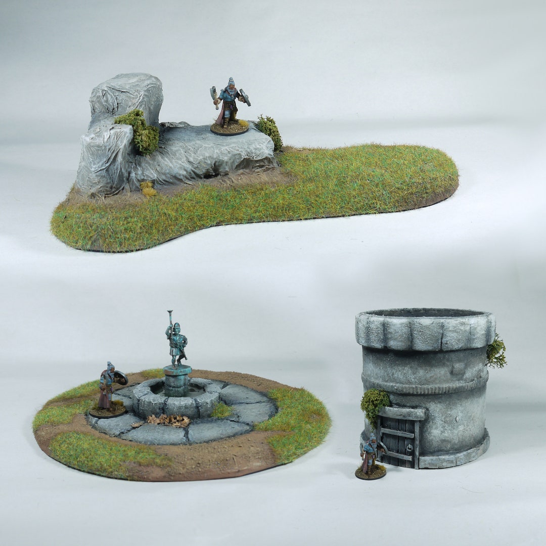 Mixed Terrain Set (3 Pce) Outcrop + Statue + Tower - Handmade Wargame ...