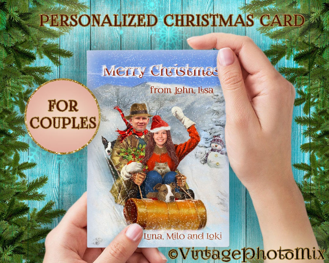 Personalized Christmas Photo Card for Couples, Illustrated Holiday Card ...