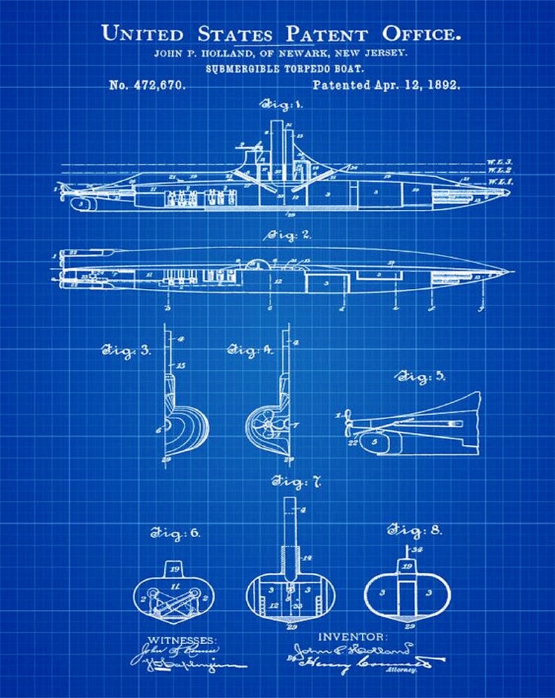 Submarine Patent by Holland 1892 Submarine Torpedo Boat,navy Print ...