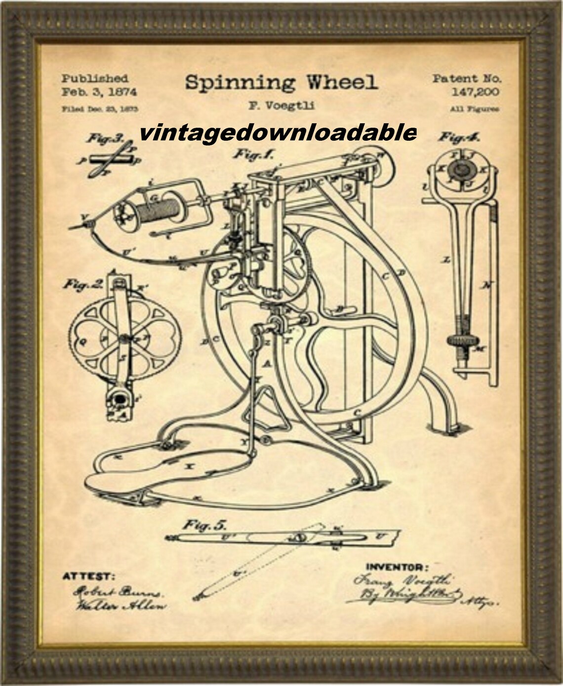 Spinning Wheel Patent1874, Digital Print,retro Print,gift for One Loves ...