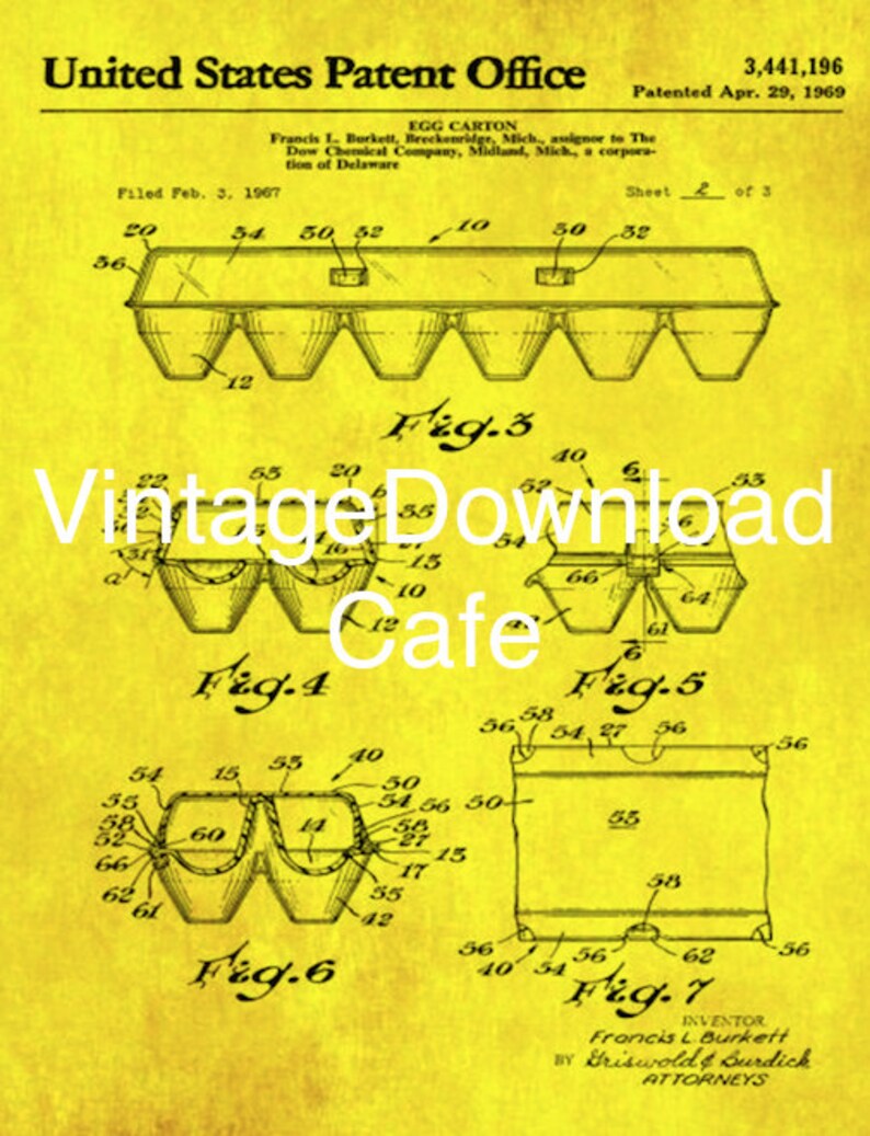 Vintage Patent Art, 1969 Egg Carton Patent, Digital Art, Patent Print ...