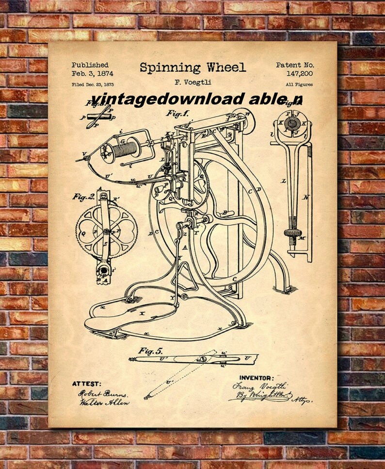 Spinning Wheel Patent1874, Digital Print,retro Print,gift for One Loves ...