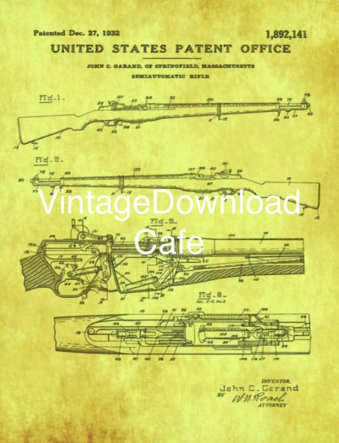 1932 Automatic M1 Garand Rifle Vintage Art, Printable Patent, Digital ...