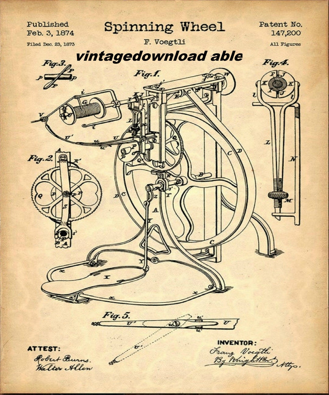 Spinning Wheel Patent1874, Digital Print,retro Print,gift for One Loves ...