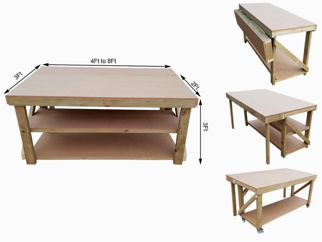 Extendable Wooden Workbench: MDF Top, Double Shelf, Handmade in UK ...