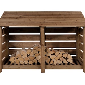 Wooden Log Store, 4ft Slatted Firewood Storage Double Bay (w-187cm, H ...