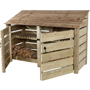 Wooden Log Store, 4ft Slatted Firewood Storage Double Bay With Doors (w ...