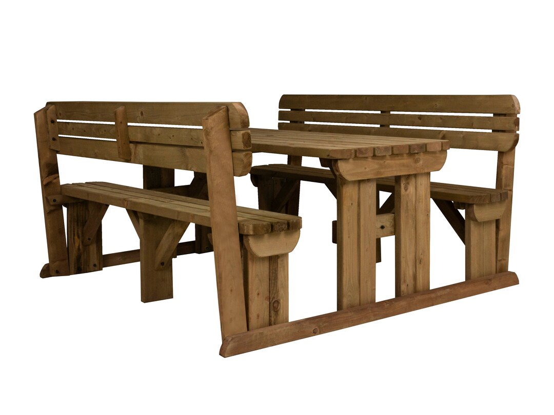 Wooden Picnic Table and Bench Set With Back Rest, Alders Rounded - Etsy